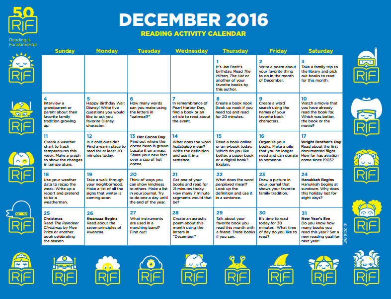 December Literacy Calendars for Children ages: 6 and up — Parent University